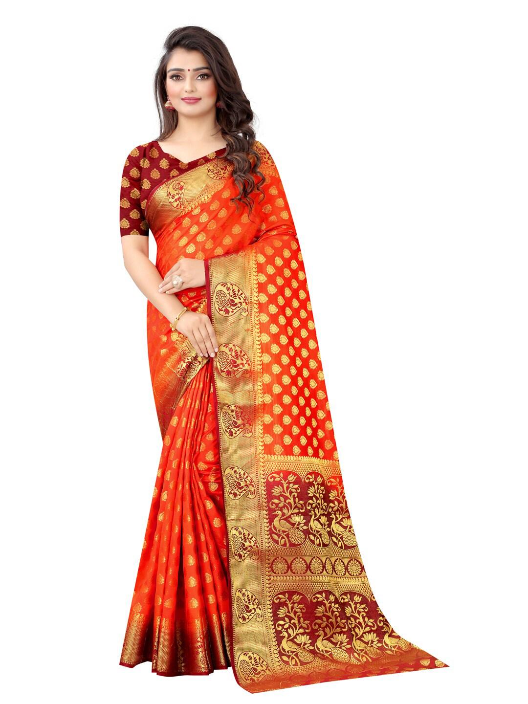 Buy PERFECT WEAR Rust & Maroon Woven Design Zari Silk Cotton Banarasi ...