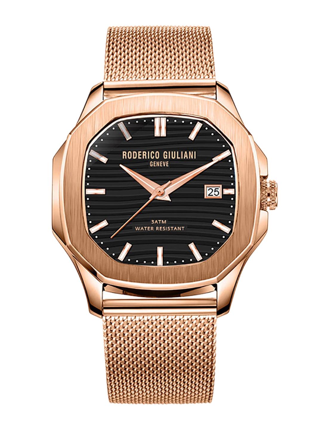Buy RODERICO GIULIANI Unisex Black Dial & Rose Gold Toned Stainless ...