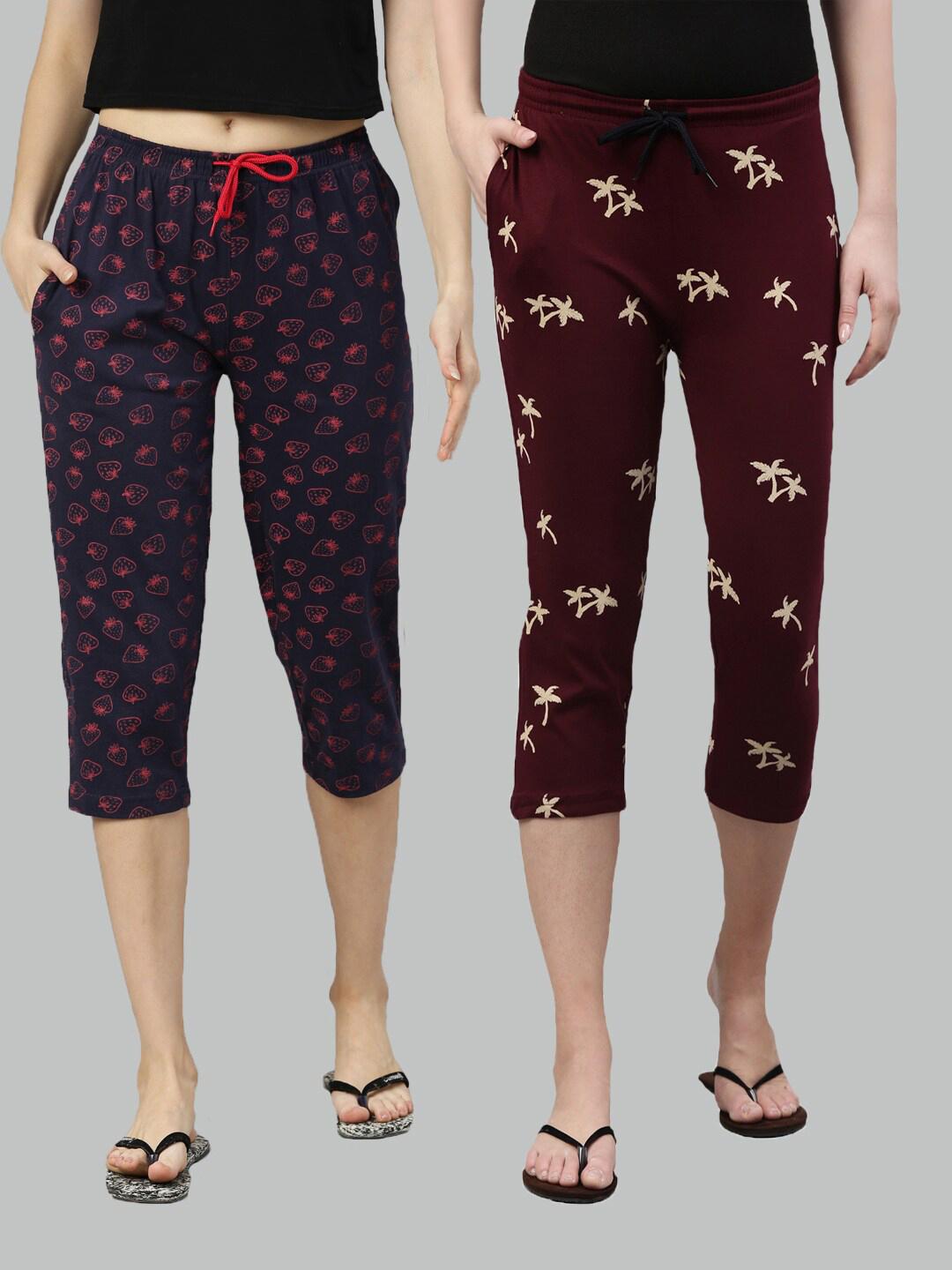 Buy Kryptic Women Set Of 2 Navy Blue & Maroon Regular Fit Printed ...