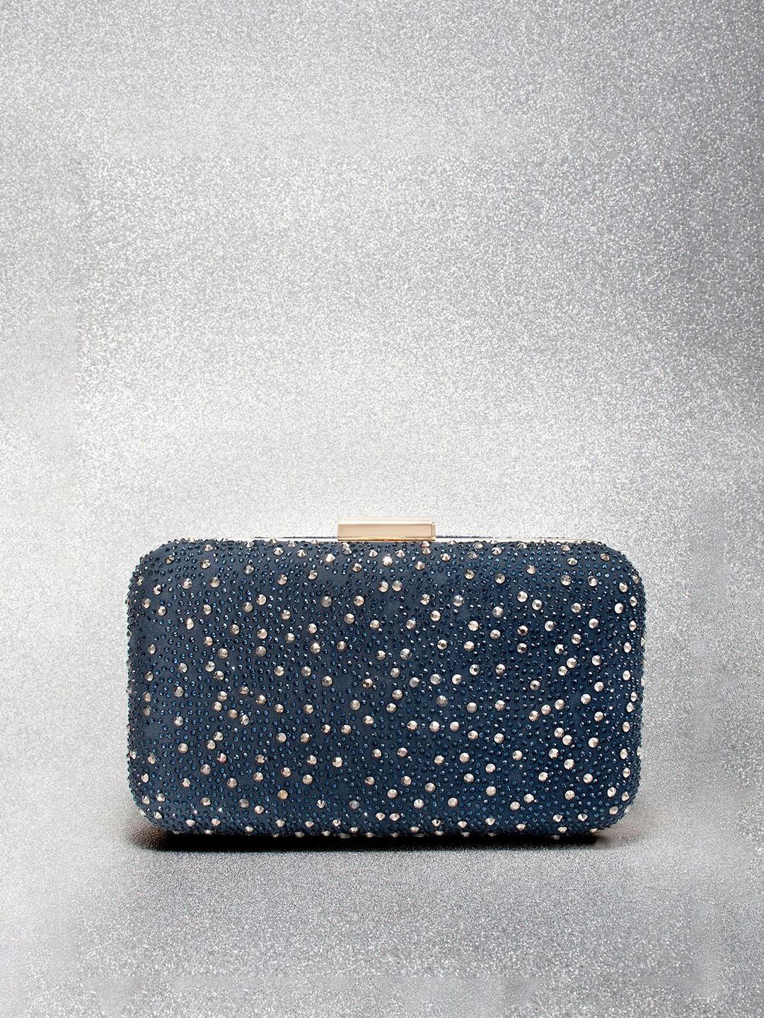 Buy Peora Navy Blue & Gold Toned Embellished Embroidered Box Clutch ...