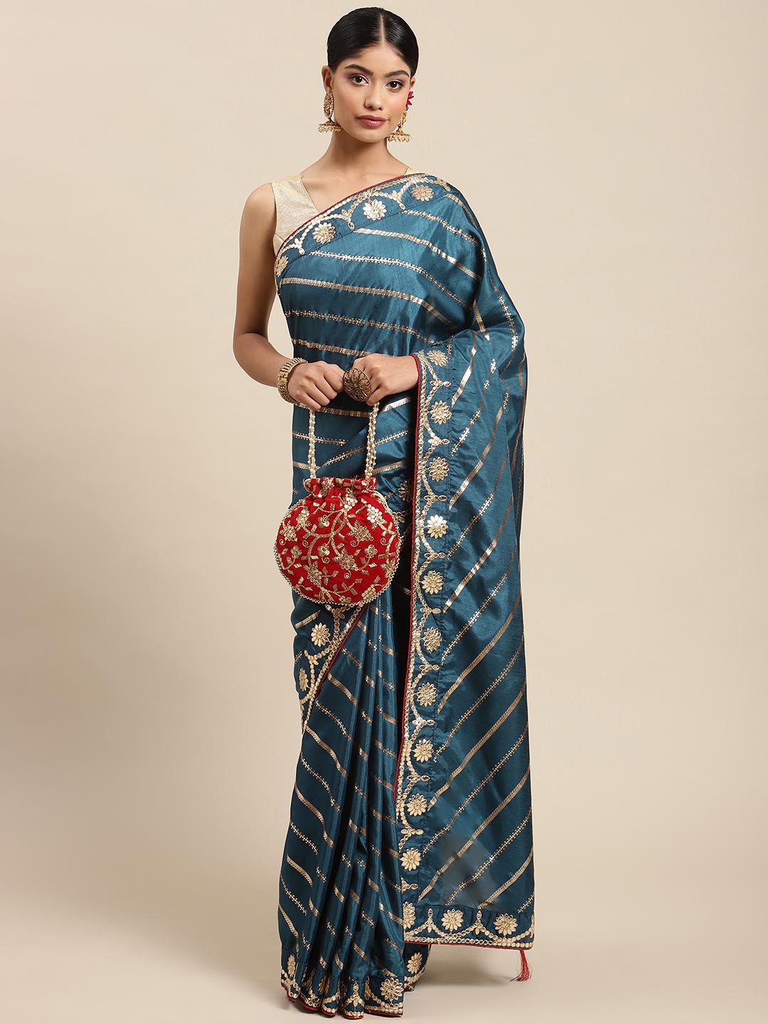 Buy SWADHA FASHIONS Teal & Gold Striped Gotta Patti Art Silk Kota Saree ...