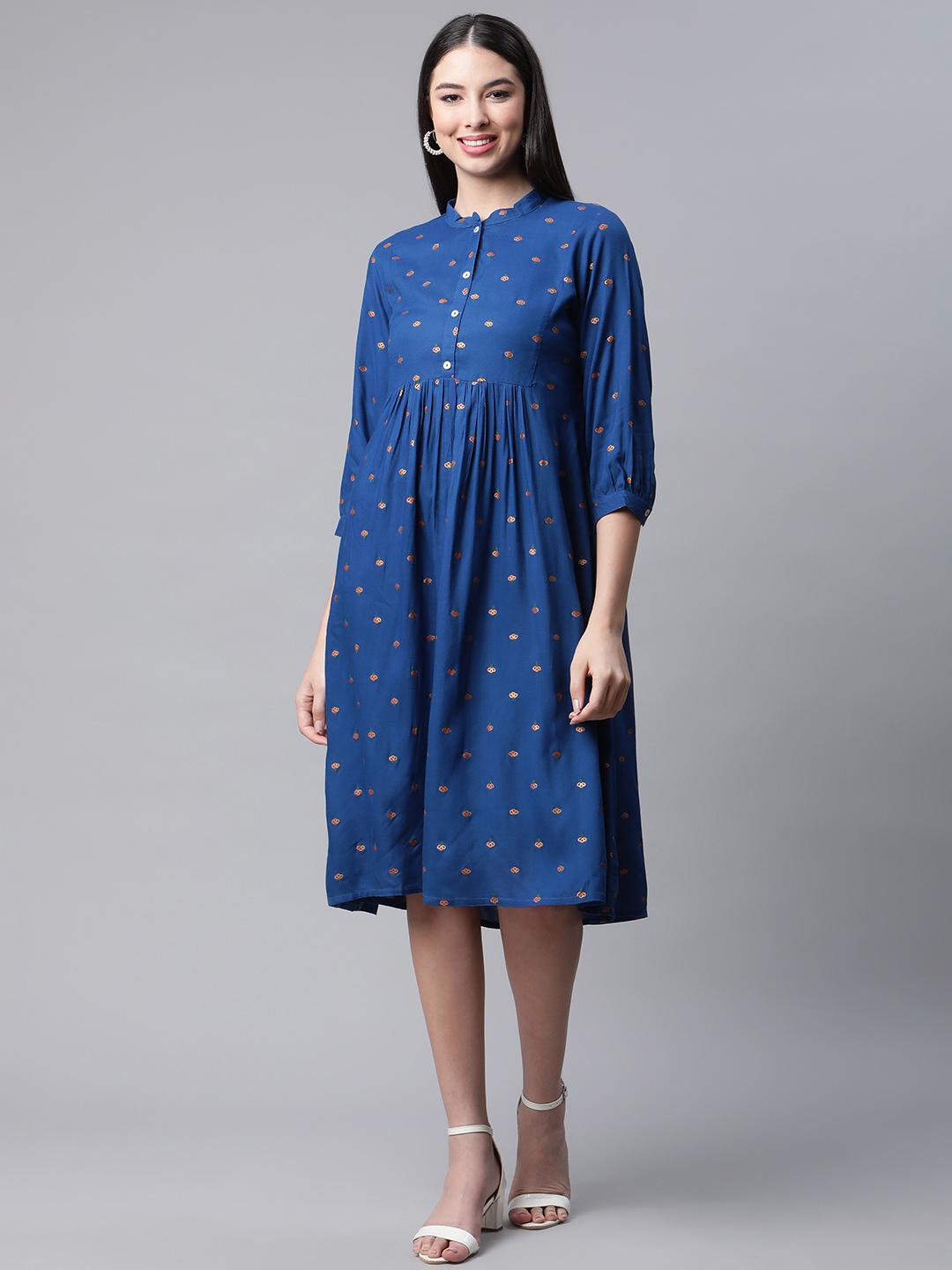 Buy DESI BEATS Navy Blue Floral A Line Midi Dress - Ethnic Dresses for ...
