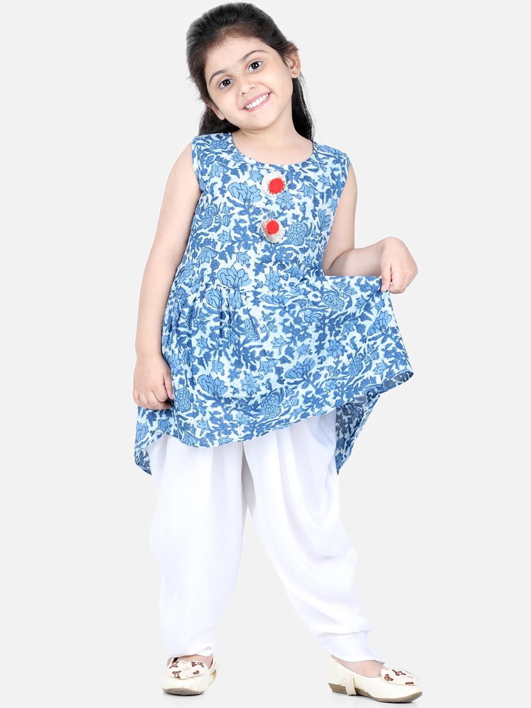 Buy AWW HUNNIE Girls Blue Floral Printed Pure Cotton Kurta With Dhoti ...