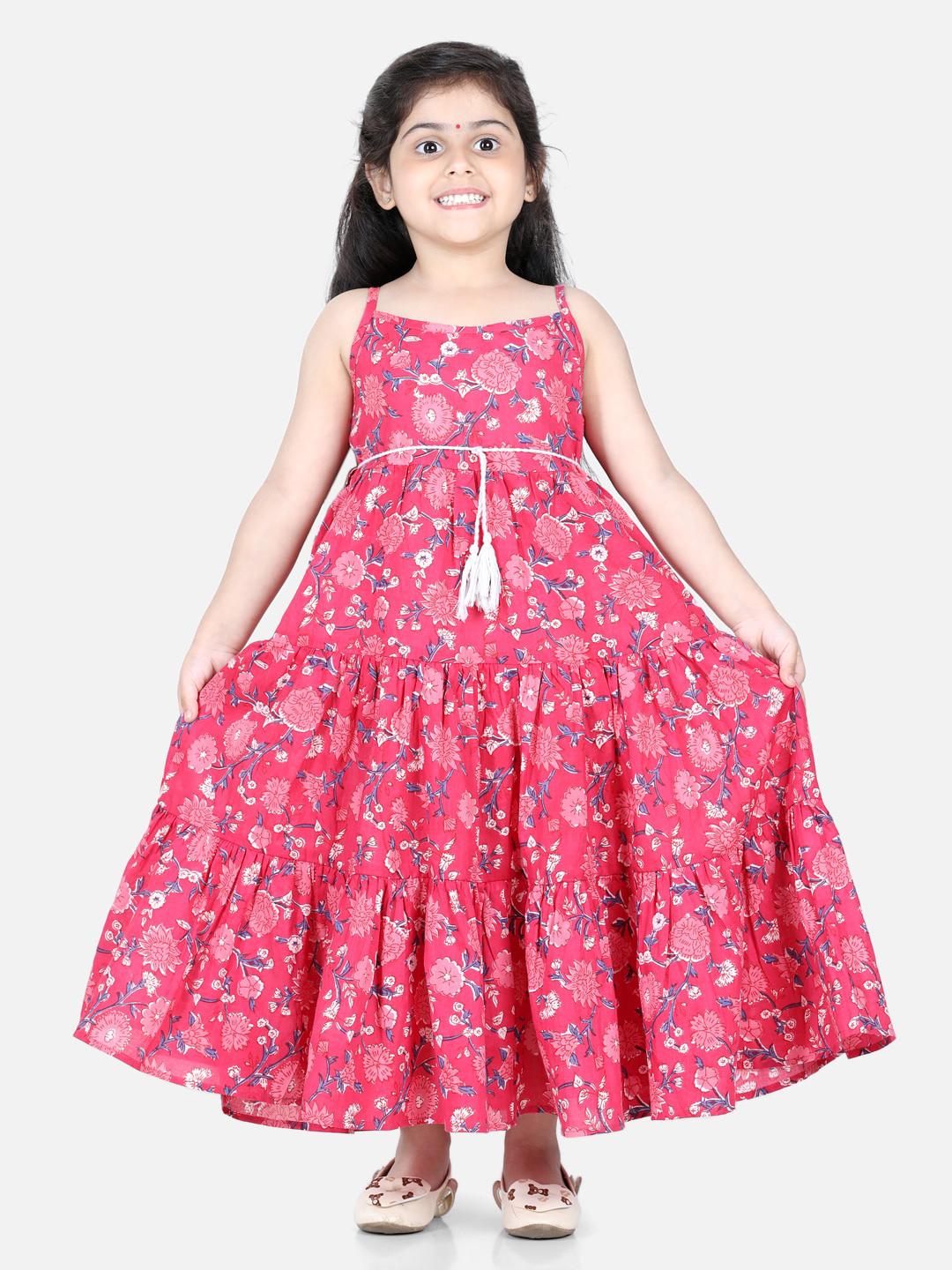 Buy AWW HUNNIE Girls Pink Ethnic Motifs Tiered Ethnic Maxi Dress ...