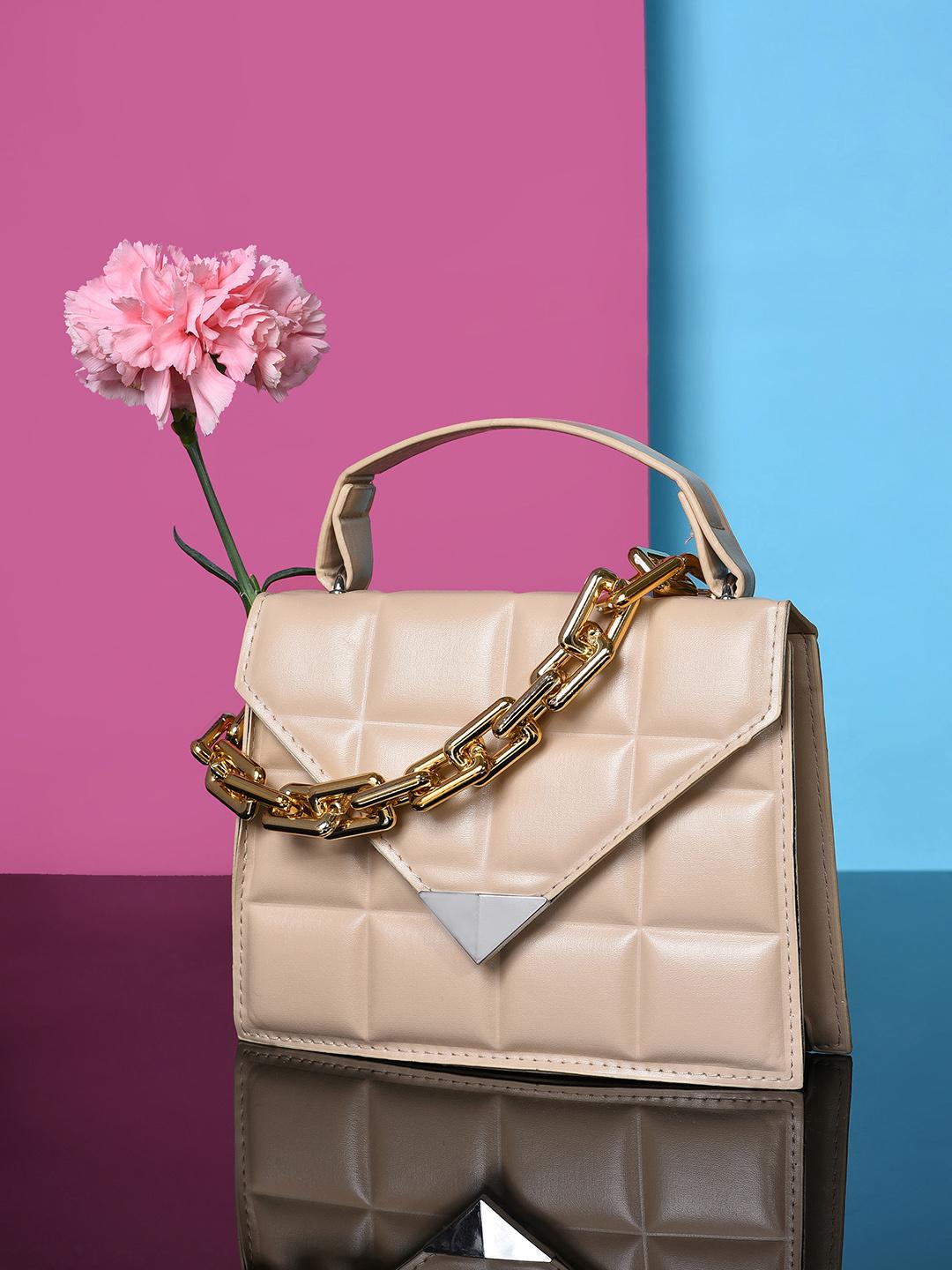 Buy HAUTE SAUCE Women Beige Textured PU Structured Handheld Bag ...