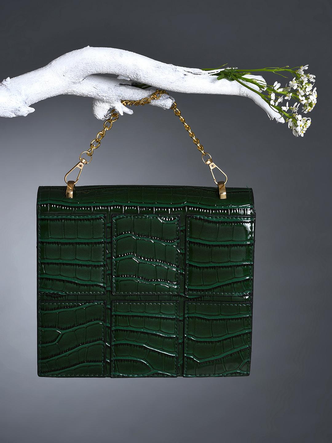 Buy HAUTE SAUCE Women Green Textured PU Structured Shoulder Bag ...