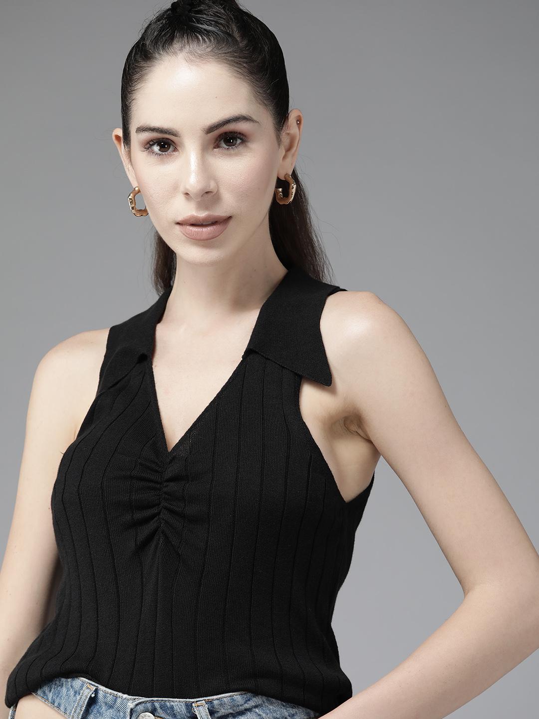 Buy Roadster Black Solid Ruched Pure Cotton Top - Tops for Women ...