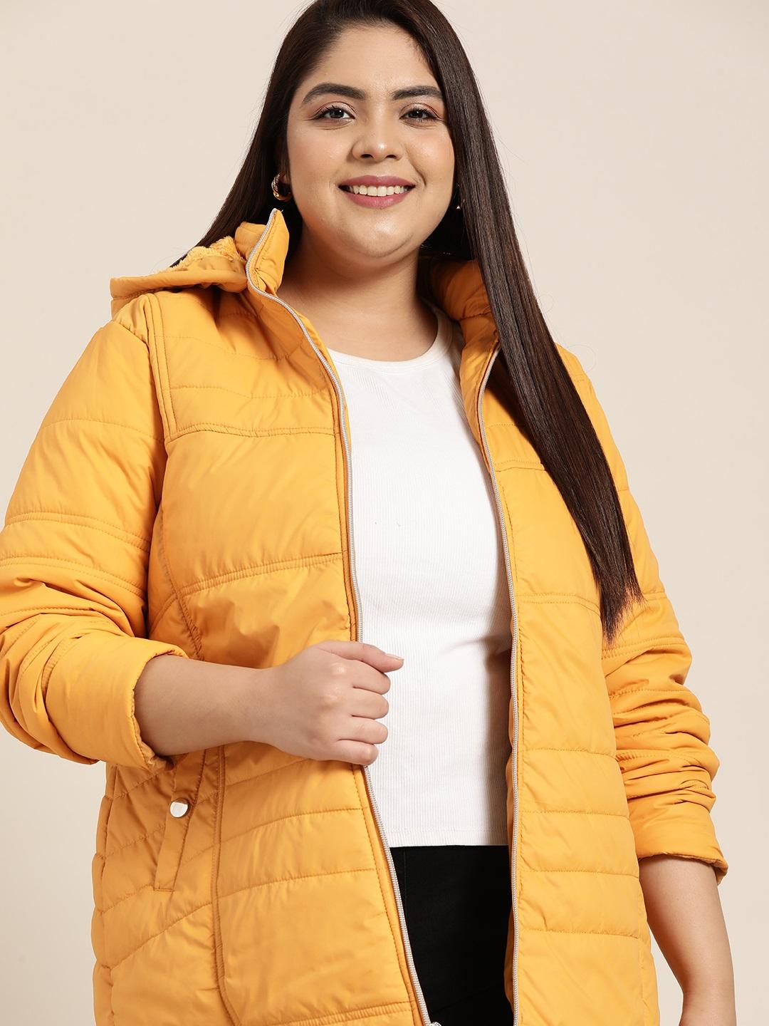 Buy Sztori Plus Size Women Mustard Yellow Solid Longline Hooded Padded ...