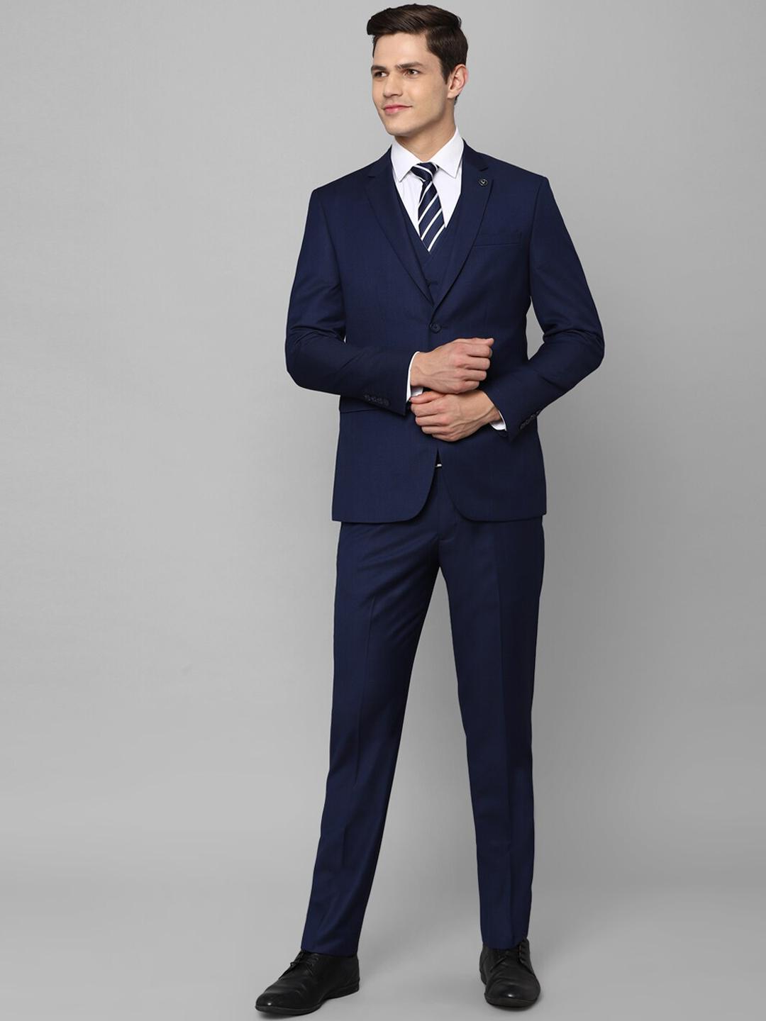Buy Allen Solly Men Navy Blue Solid Single Breasted Slim Fit 3 Piece ...