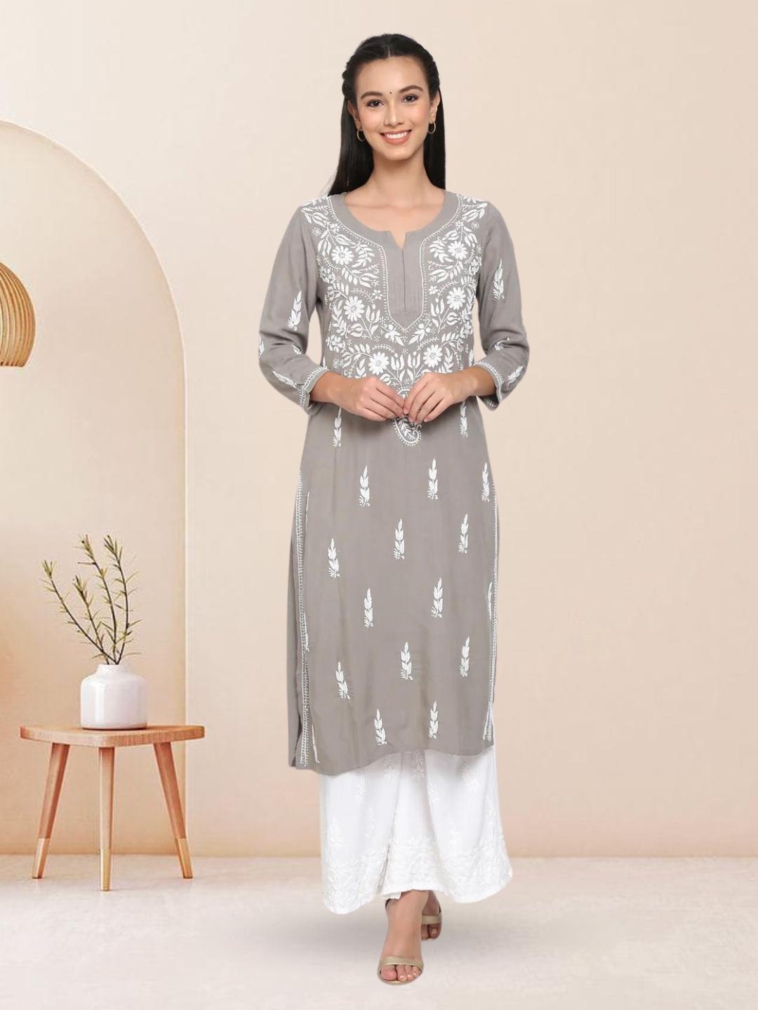 Buy PARAMOUNT CHIKAN Women Grey Ethnic Motifs Embroidered Chikankari ...