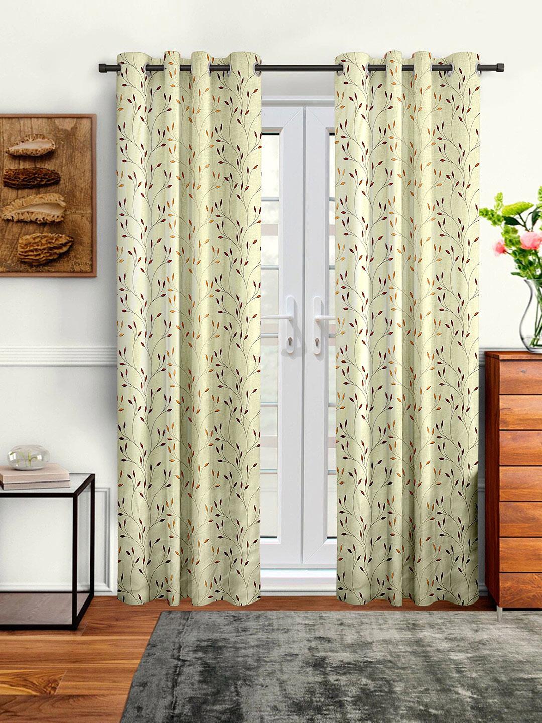 Buy Cortina Cream Coloured & Brown Set Of 2 Floral Long Door Curtains ...