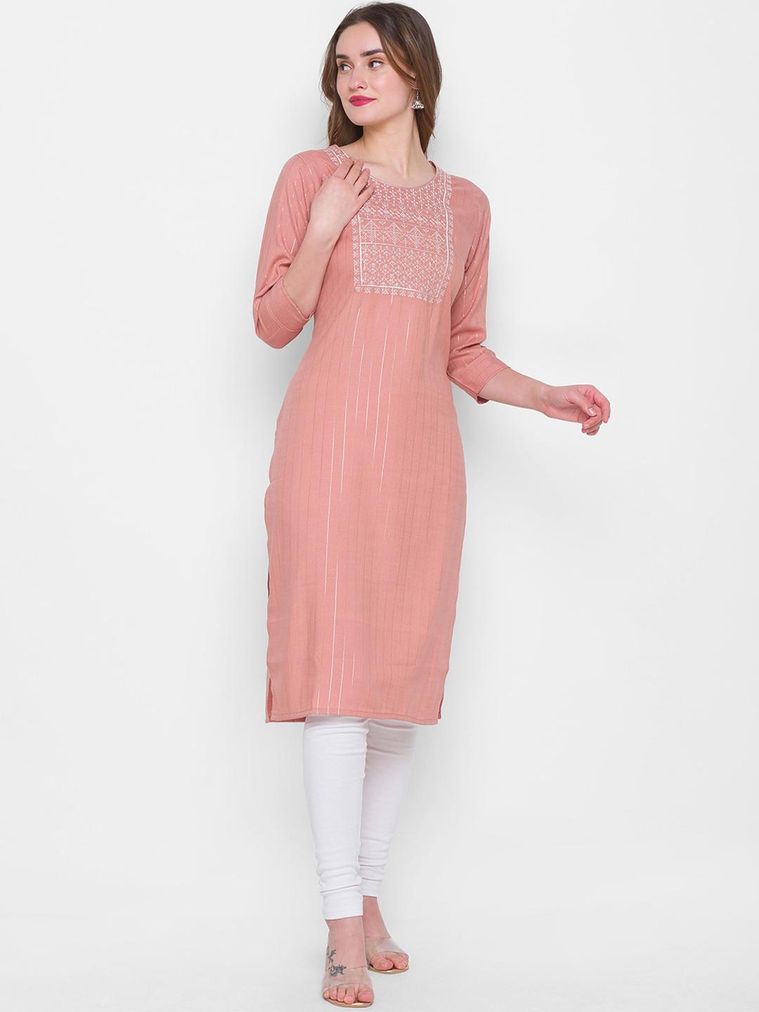 Buy ZOLA Women Peach Coloured Yoke Design Thread Work Kurta - Kurtas ...