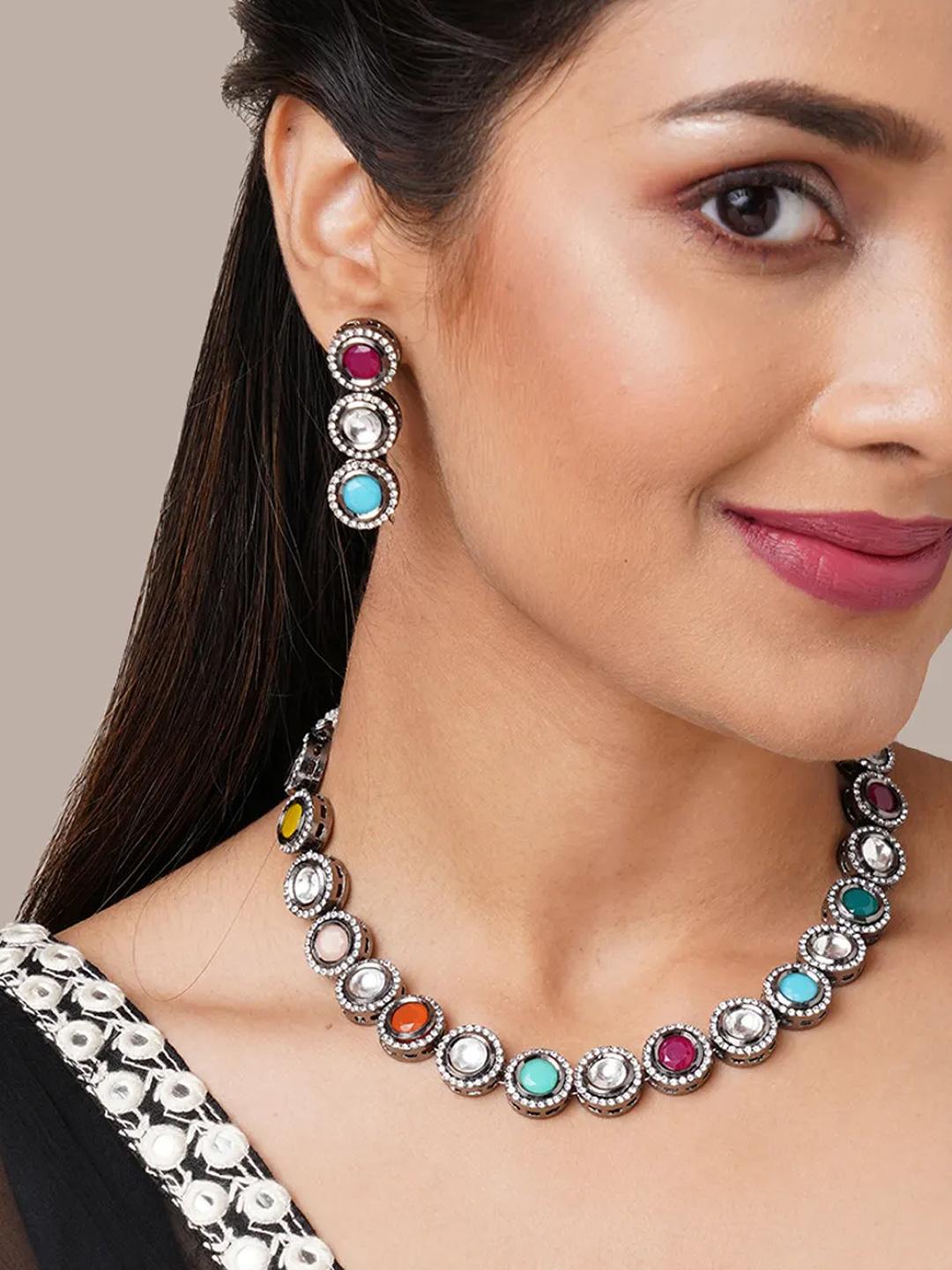 Buy Binnis Wardrobe Silver Plated Red & Blue Stone Studded Jewellery ...