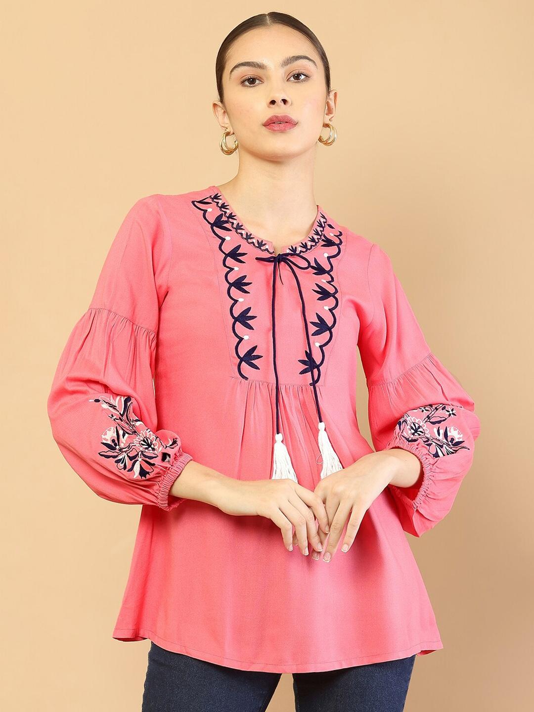 Buy Soch Pink & Blue Viscose Rayon Embroidered Tunic - Tunics for Women ...