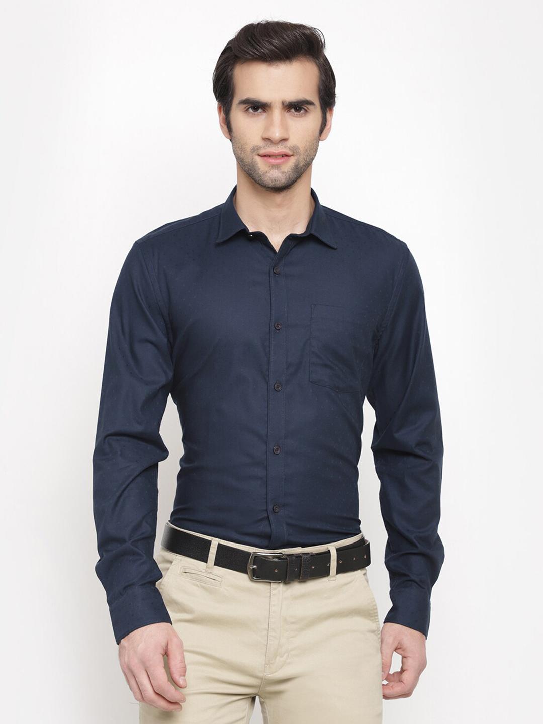 Buy Cape Canary Men Navy Blue Solid Cotton Formal Shirt - Shirts for ...