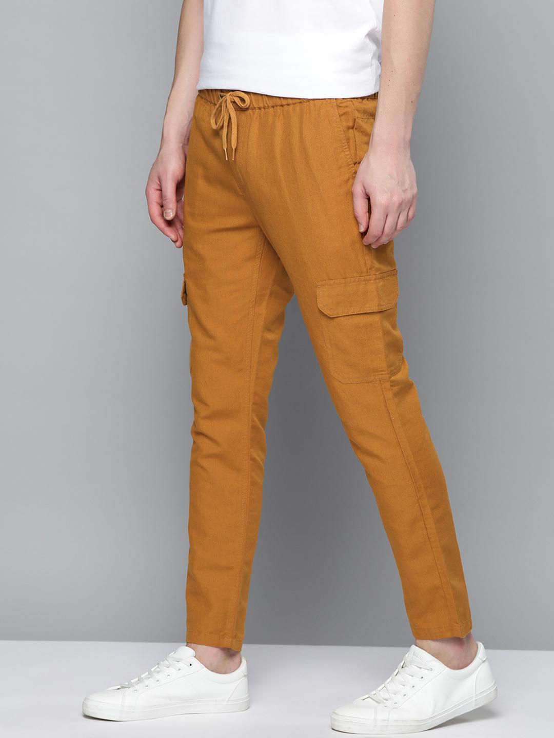Buy Mast & Harbour Men Mustard Yellow Solid Cotton Linen Cargo Trousers ...