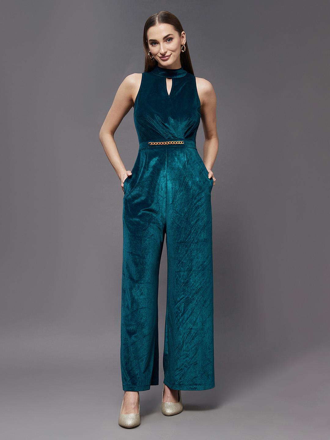 Buy Miss Chase Women Teal Choker Neck Sleeveless Solid Pleated Velvet ...