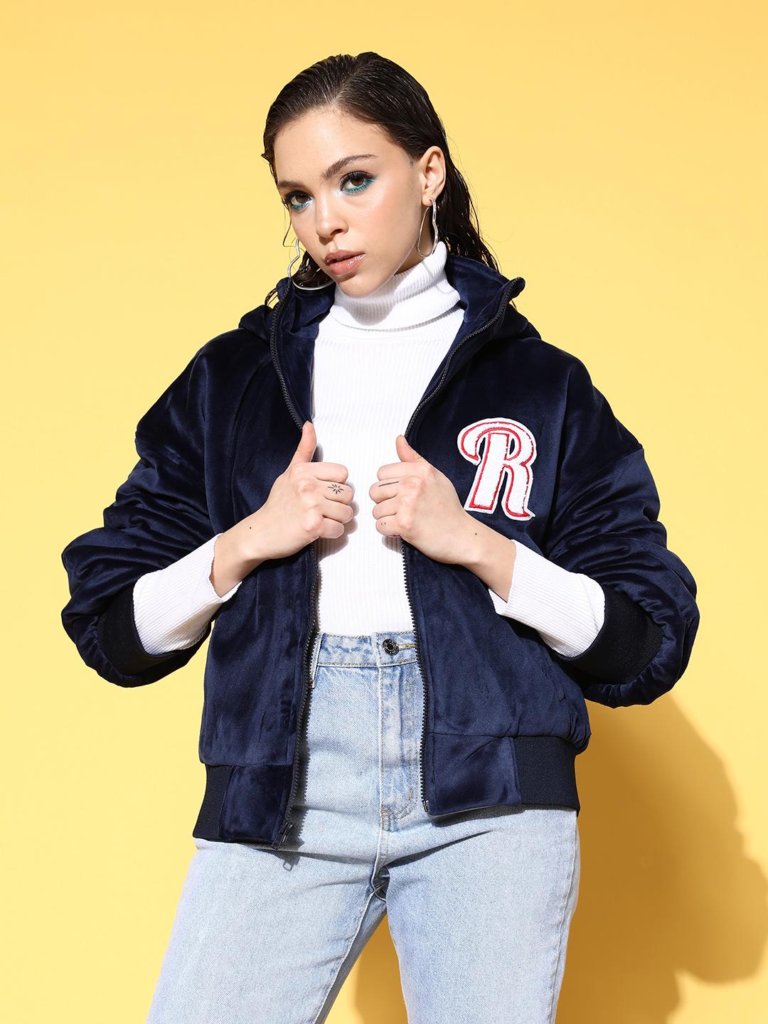 Buy The Roadster Lifestyle Co. Women Navy Blue Bomber Jacket With ...