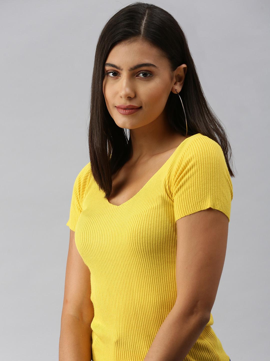 Buy SHOWOFF Yellow Ribbed Top - Tops for Women 18307298 | Myntra