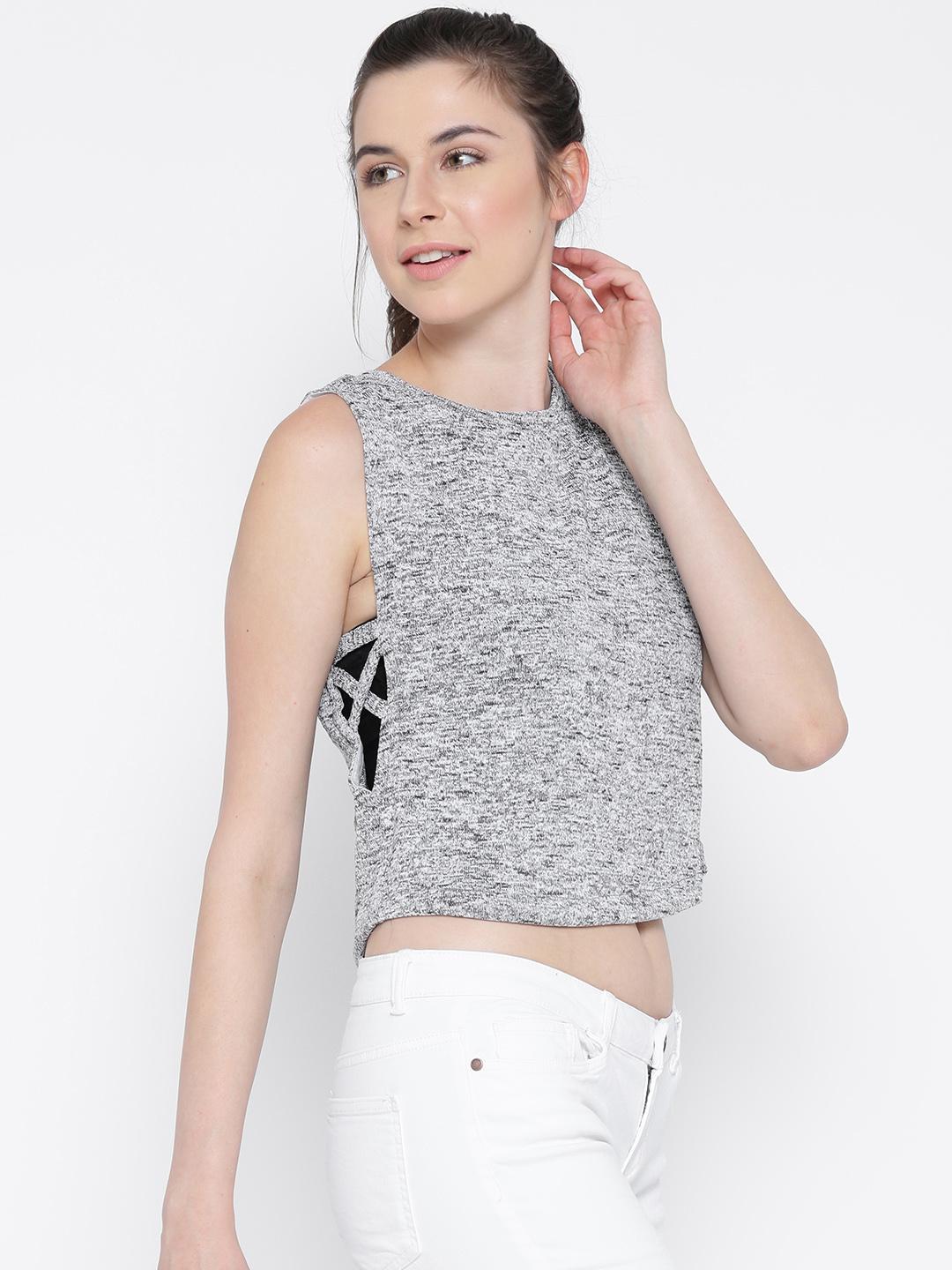 Buy Miss Chase Women Grey Melange Self Design A Line Crop Pure Cotton ...