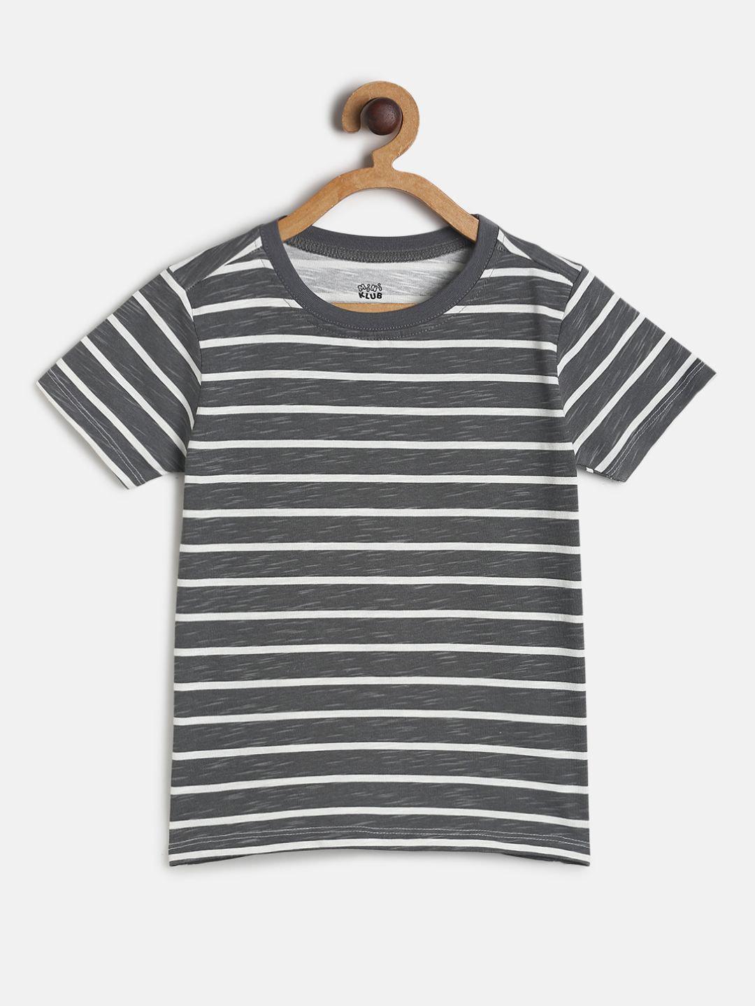 Buy MINI KLUB Boys Grey Striped Drop Shoulder Sleeves Raw Edge T Shirt ...