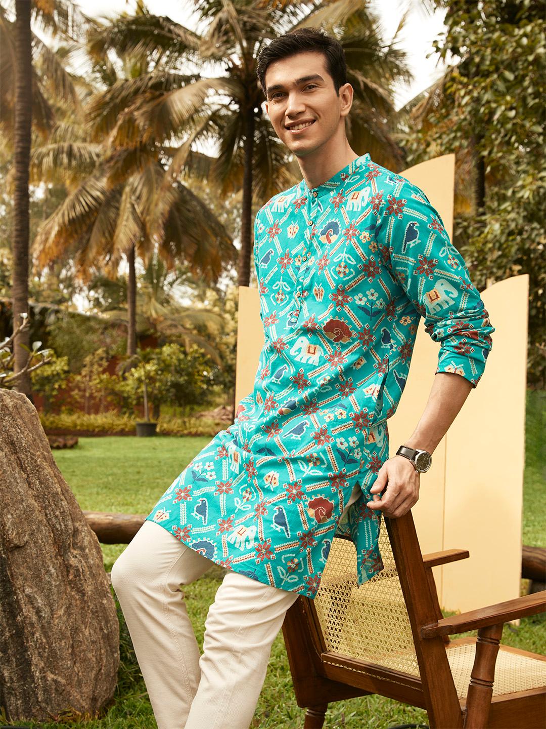 Buy Anouk Men Teal Ethnic Motifs Printed Kurta - Kurtas for Men ...
