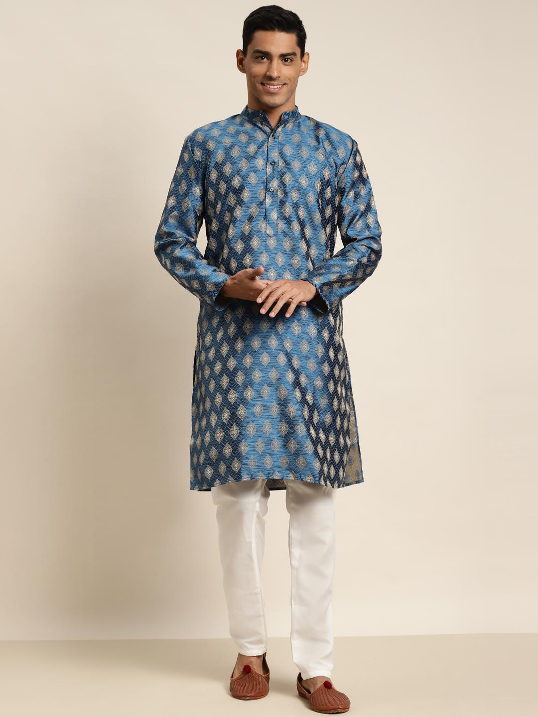 Buy SOJANYA Men Blue & Gold Toned Ethnic Motifs Jacquard Kurta - Kurtas ...