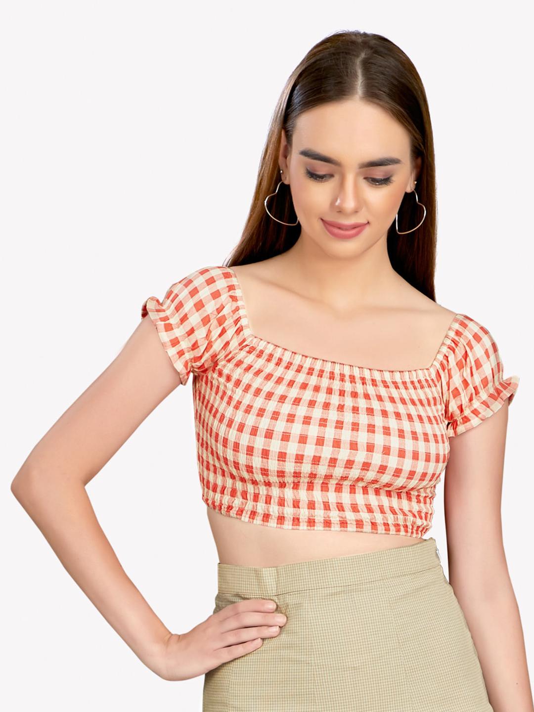 Buy VASTRADO Women Peach Coloured Checked Pure Cotton Crop Top - Tops ...