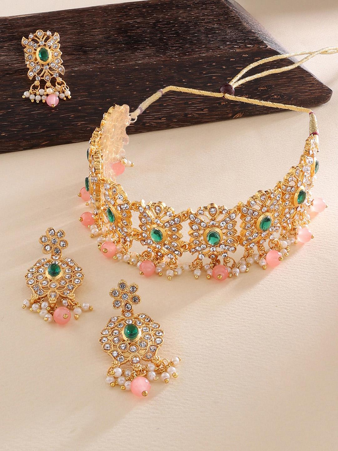 Buy Zaveri Pearls Gold Plated White & Pink Stone Studded & Beaded ...