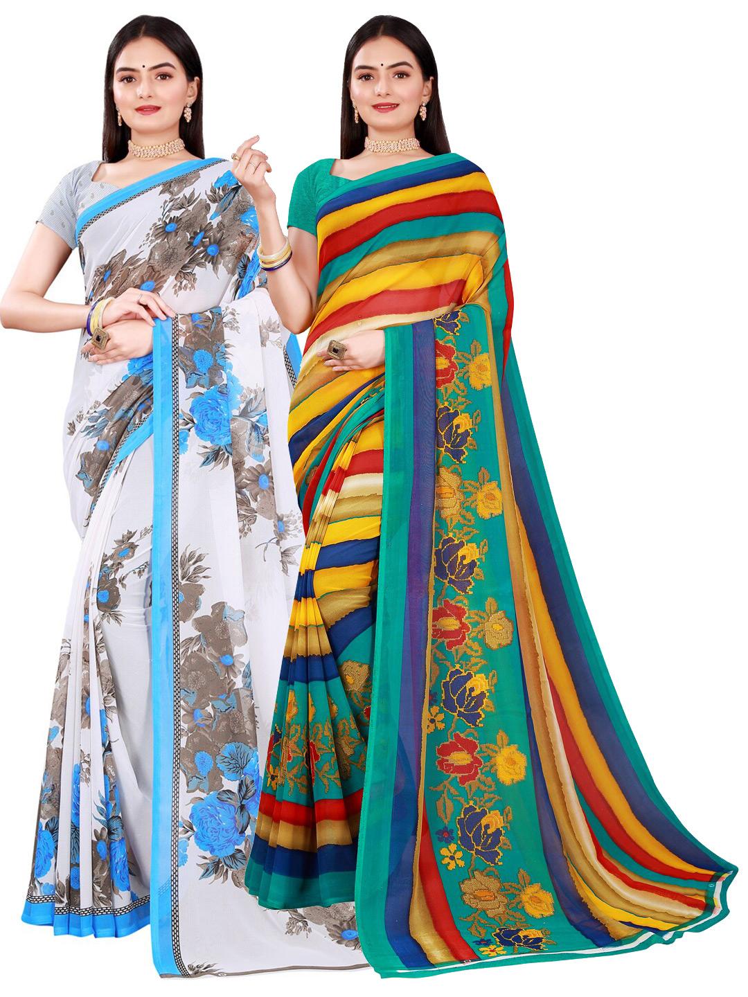 Buy Florence White & Blue Pack Of 2 Floral Pure Georgette Saree ...