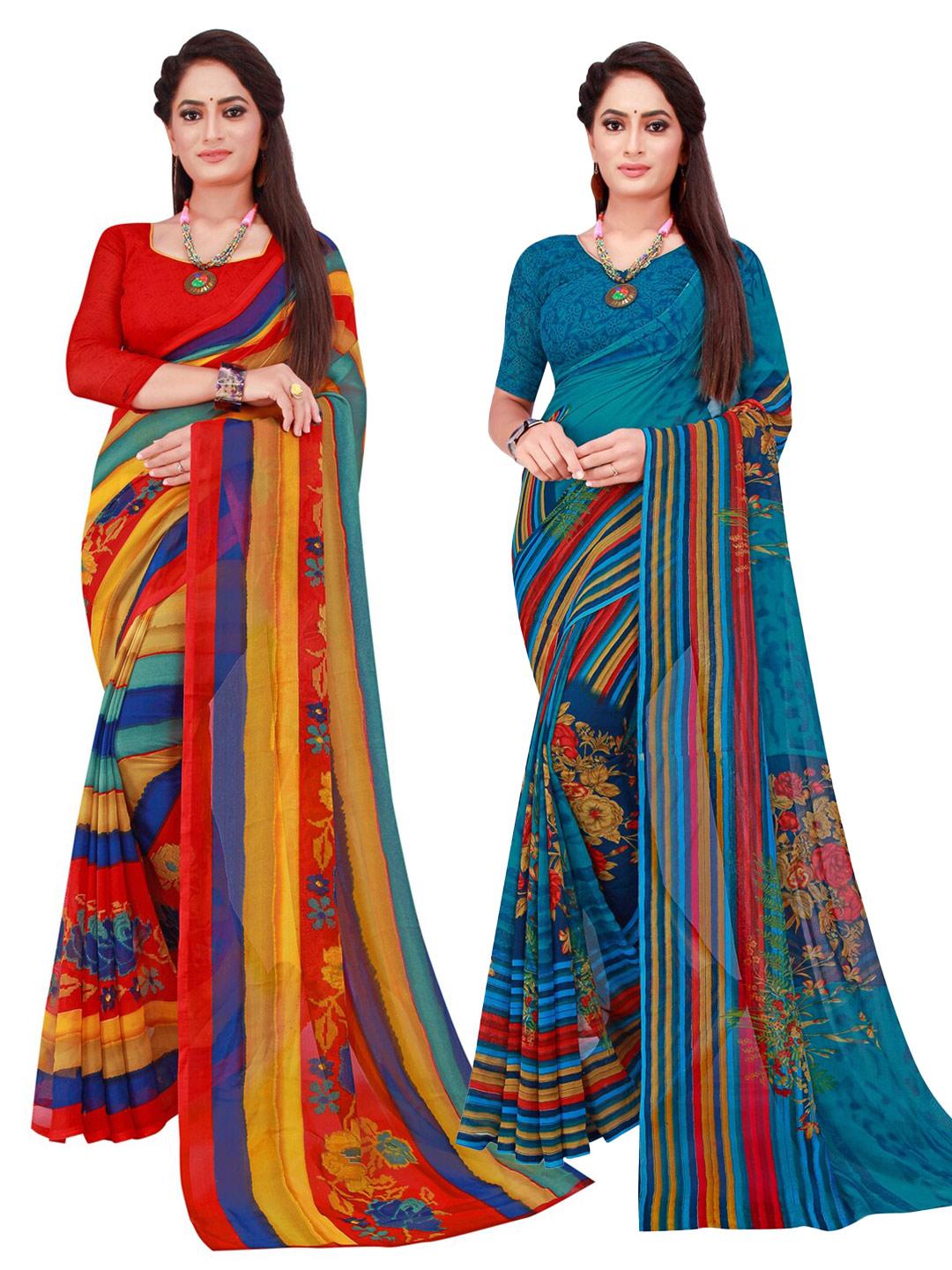 Buy Florence Blue & Red Floral Set Of 2 Printed Pure Georgette Saree ...