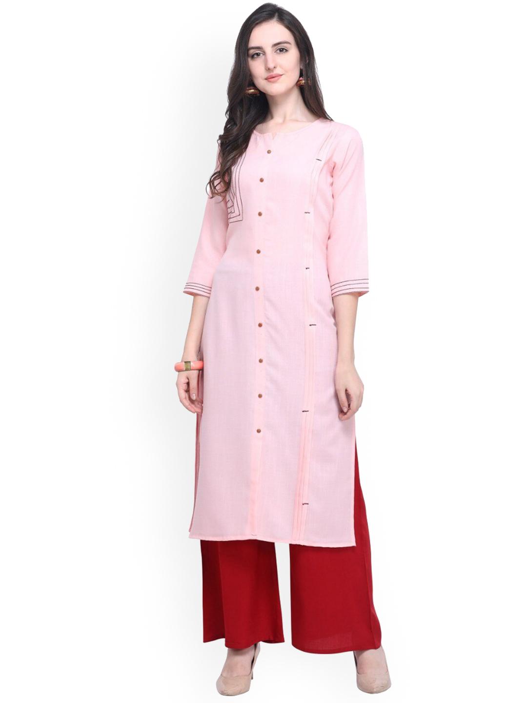 Buy SAPTRANGI Women Pink Striped High Slit Kurti With Palazzos - Kurta ...