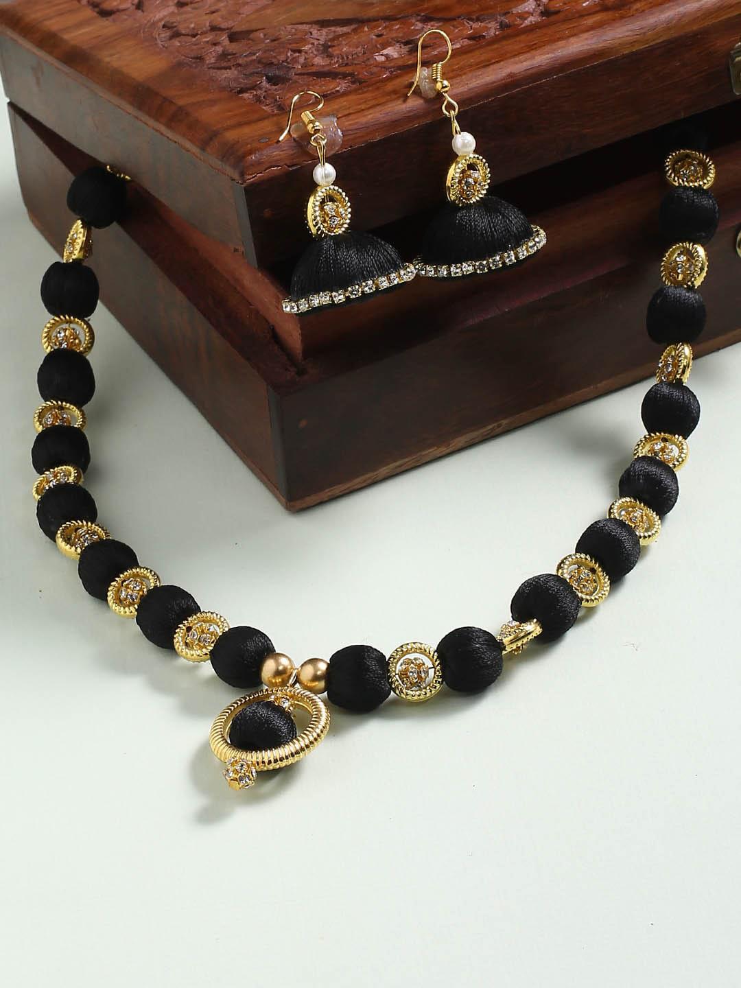 Buy AKSHARA Brass Plated Black & Gold Toned Thread Wrapped Jewellery ...