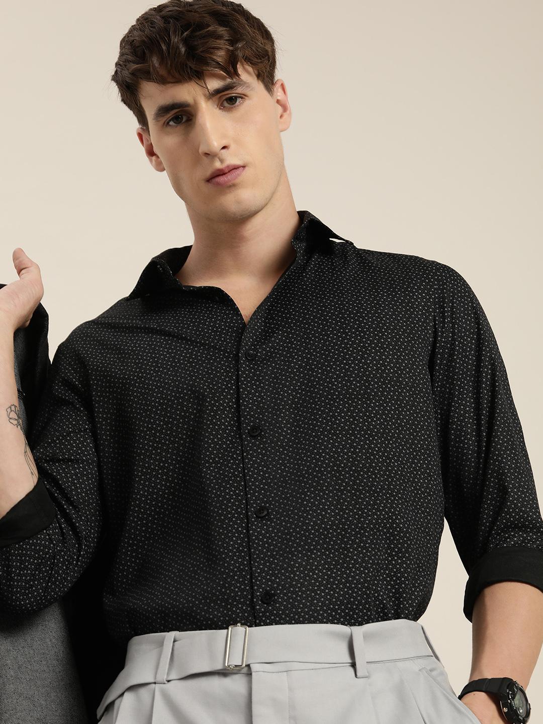 Buy Encore By INVICTUS Men Black Printed Easy Iron Semiformal Shirt ...