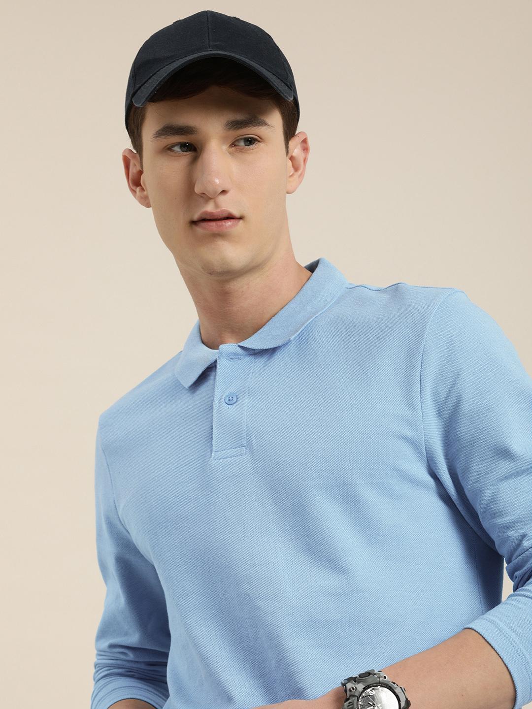 Buy Encore By INVICTUS Men Light Blue Full Sleeves Solid Polo Collar T ...