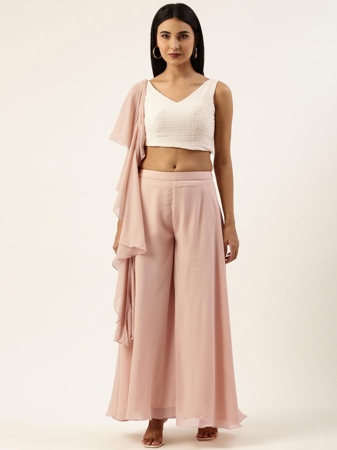 Buy Ethnovog Women White Peach Coloured Top With Palazzos With Dupatta ...