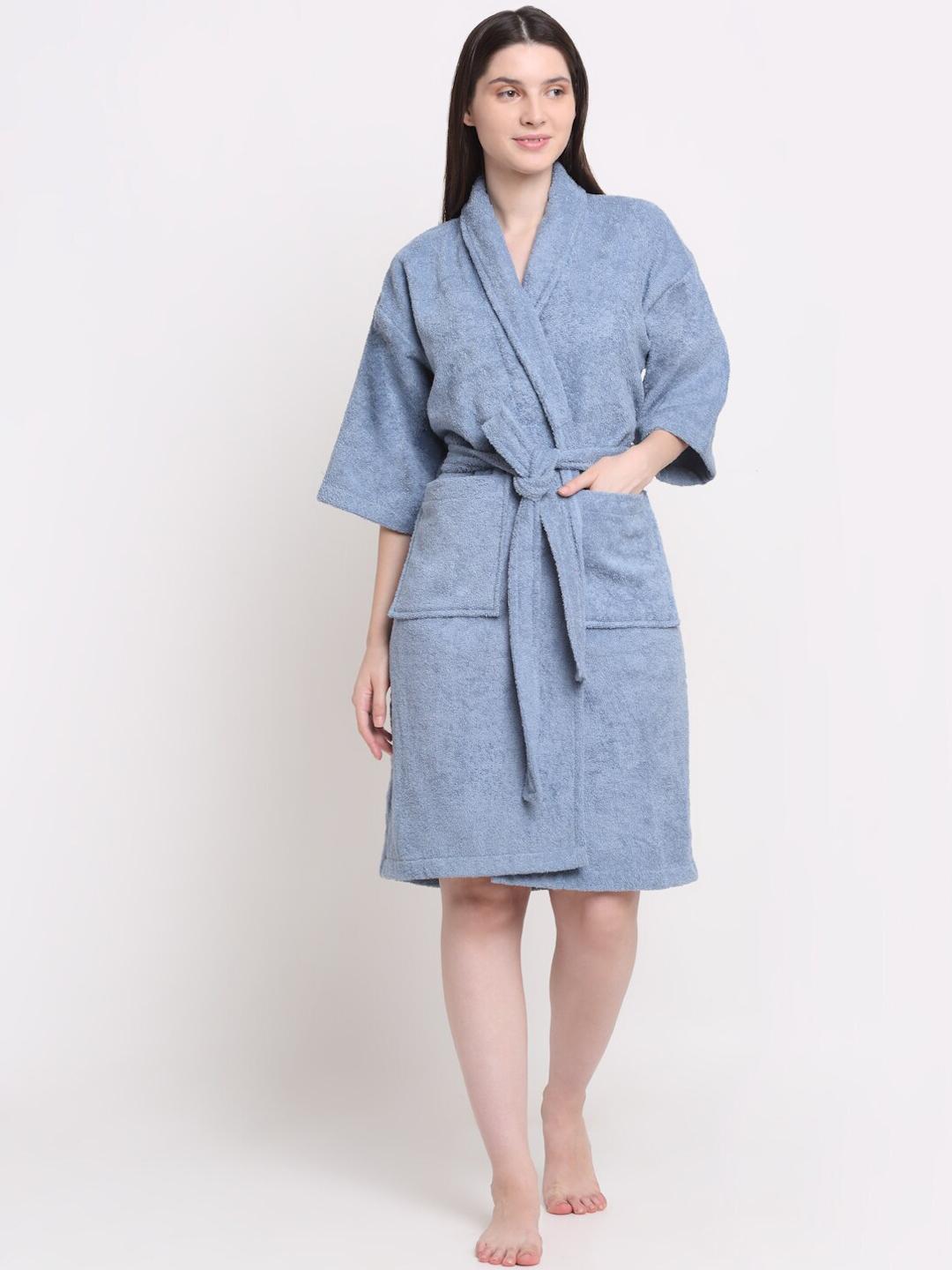 Buy Creeva Luxury Blue Solid Cotton Drawstring Knee Length Bath Robe M ...