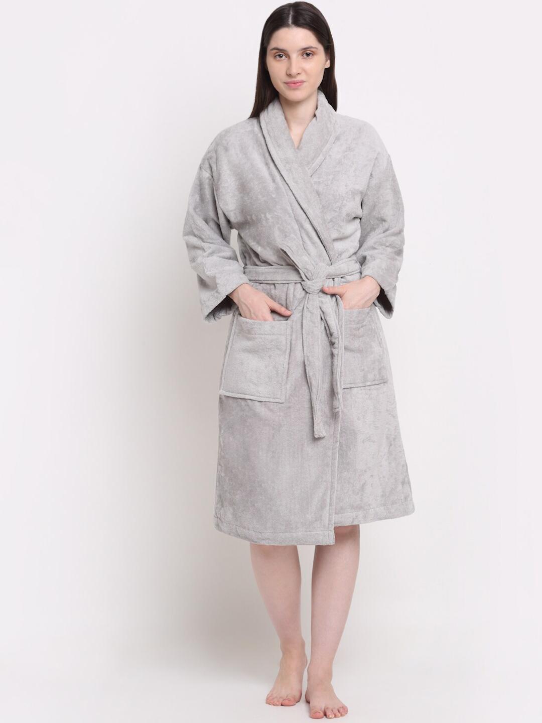 Buy Creeva Luxury Grey Solid Cotton Drawstring Midi Bath Robe M - Bath ...