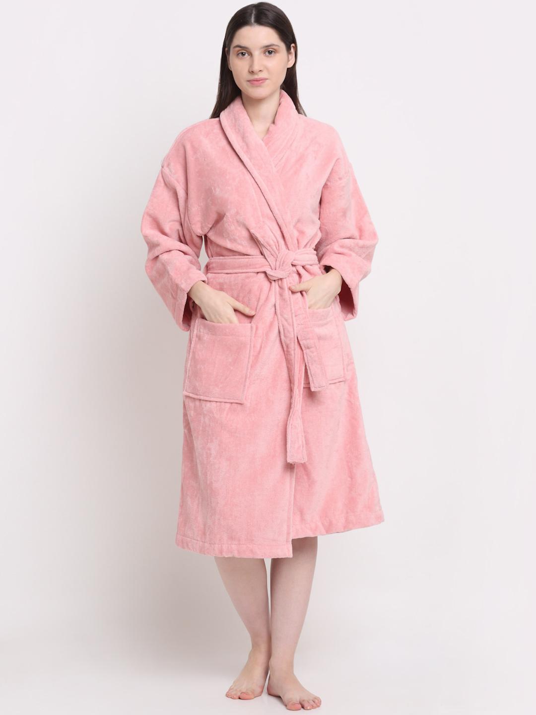Buy Creeva Luxury Pink Solid Cotton Drawstring Midi Bath Robe L - Bath ...
