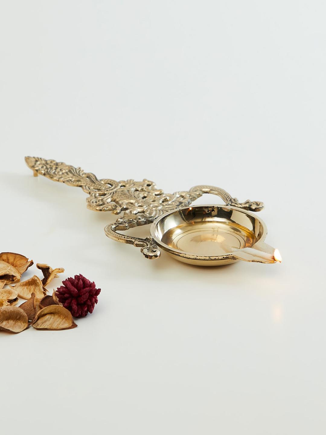 Buy Home Centre Gold Toned Patterned Brass Pooja Spoon Diya - Pooja ...