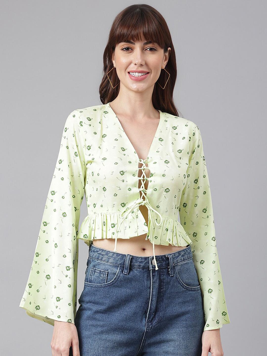Buy FLAMBOYANT Women Yellow & Green Floral Print Tie Up Crop Top - Tops ...
