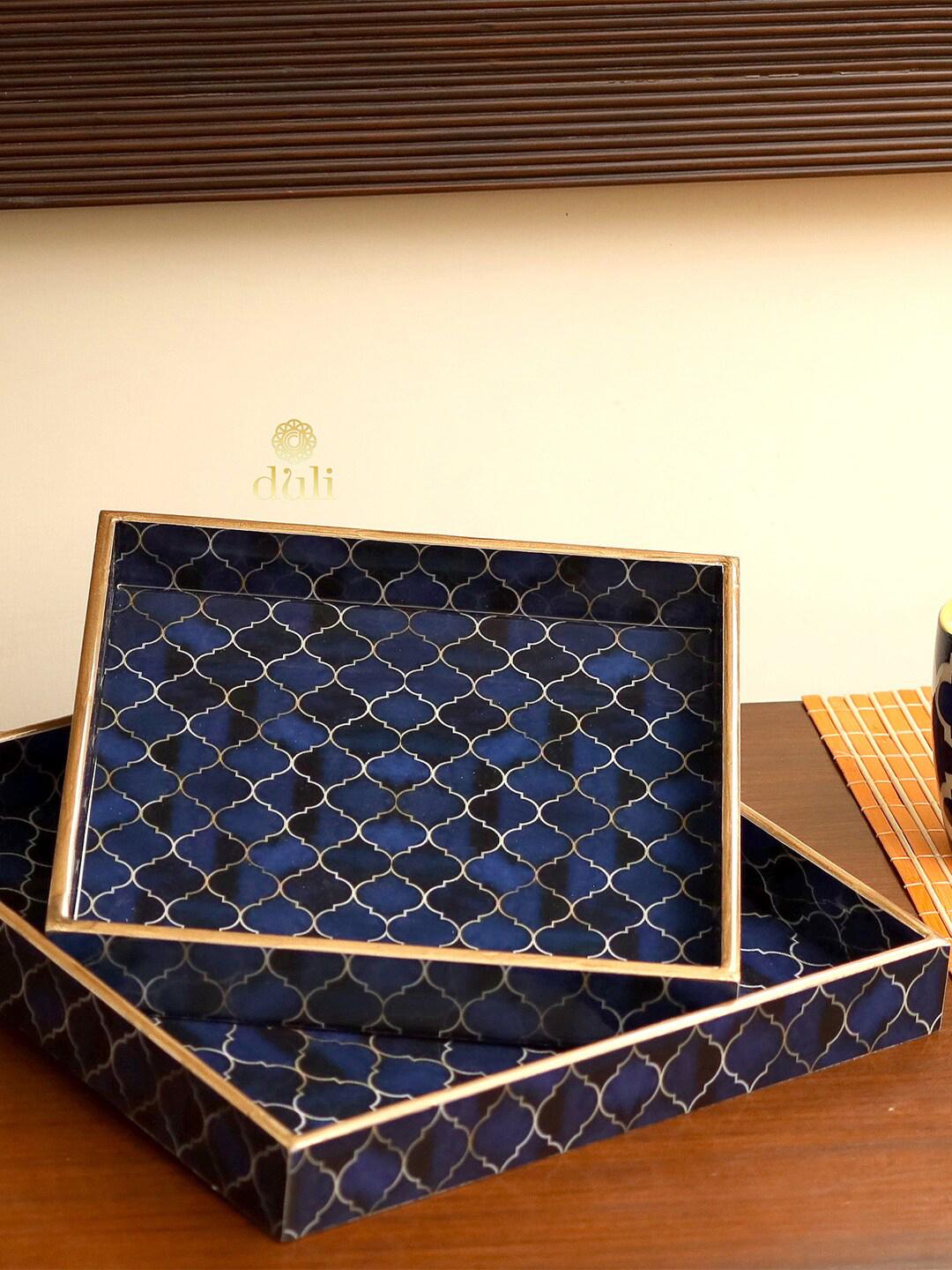 Buy DULI Set Of 2 Navy Blue & Brown Printed Multipurpose Serving Trays ...