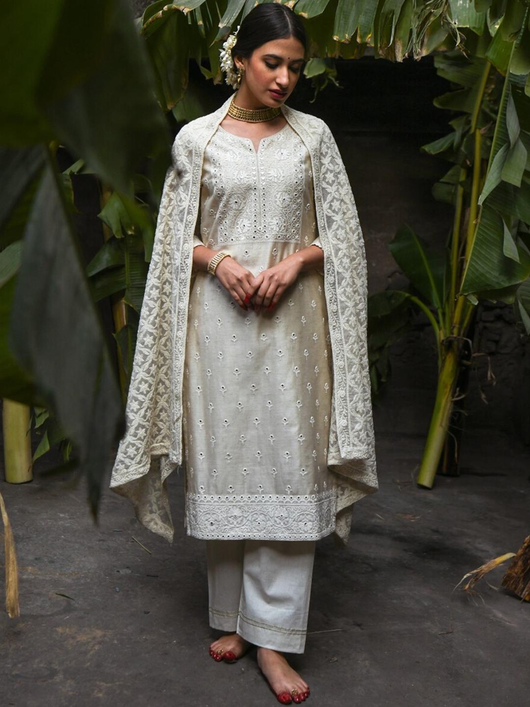 Buy KARAJ JAIPUR Women Off White Embroidered Cotton Kurta With Trousers ...