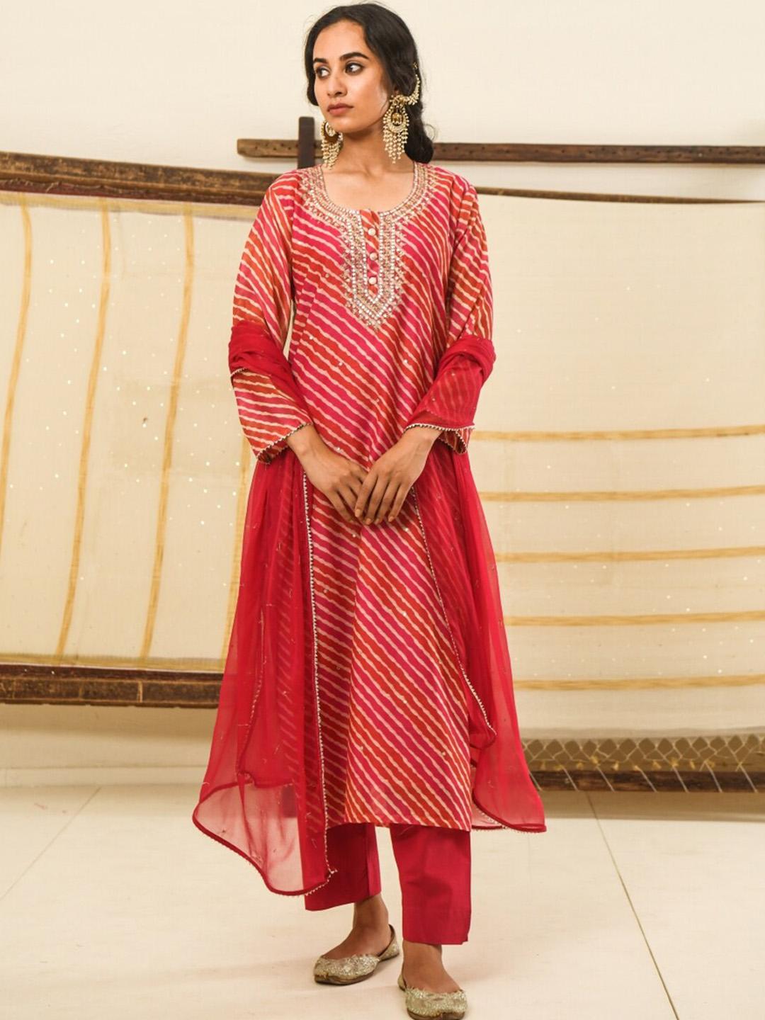 Buy KARAJ JAIPUR Women Pink Layered Chanderi Cotton Kurti With Trousers ...