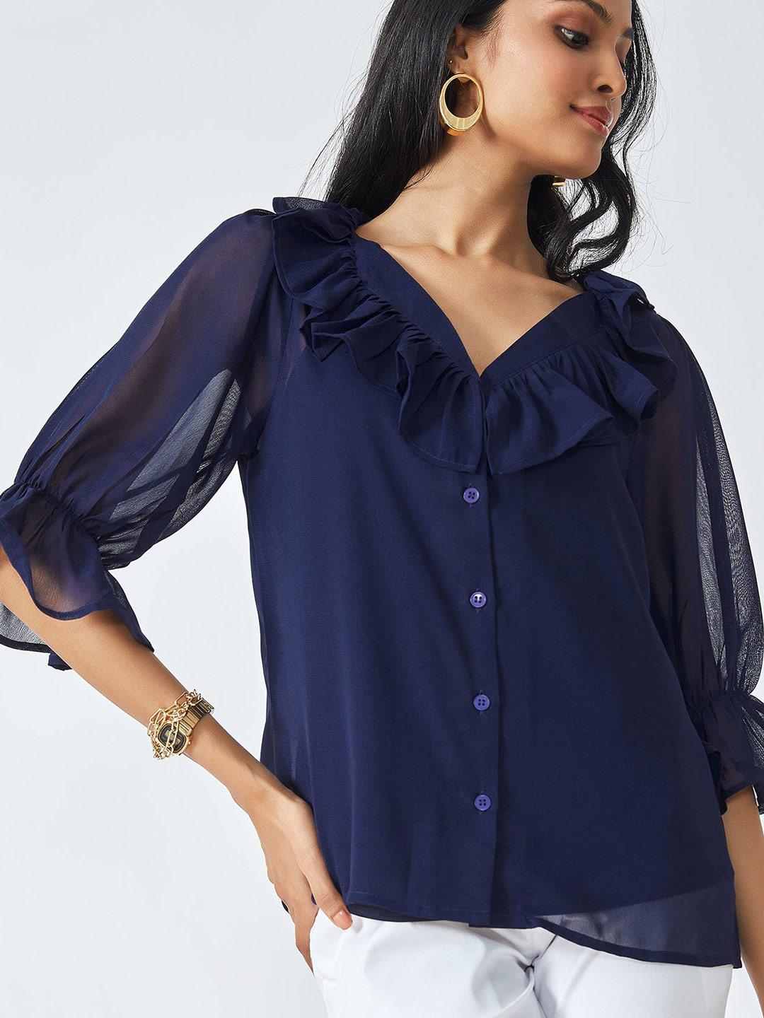 Buy The Label Life Women Navy Blue Ruffle V Neck Shirt - Shirts for ...