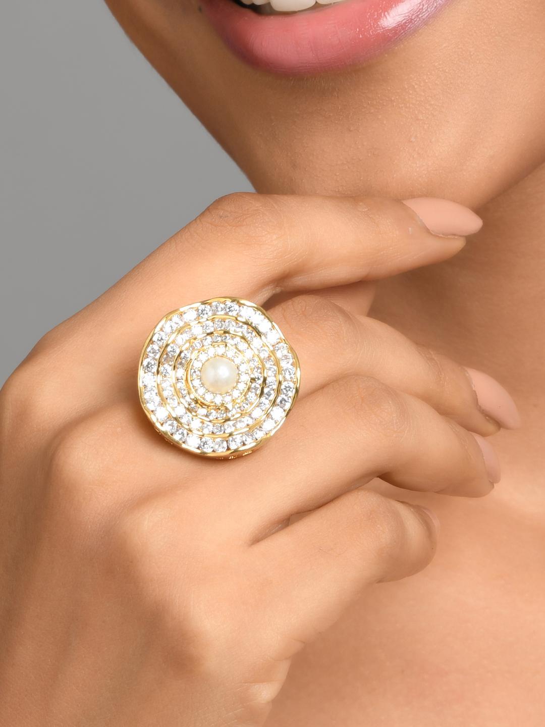 Buy Fida Gold Plated White Stone Studded & Beaded Adjustable Finger ...