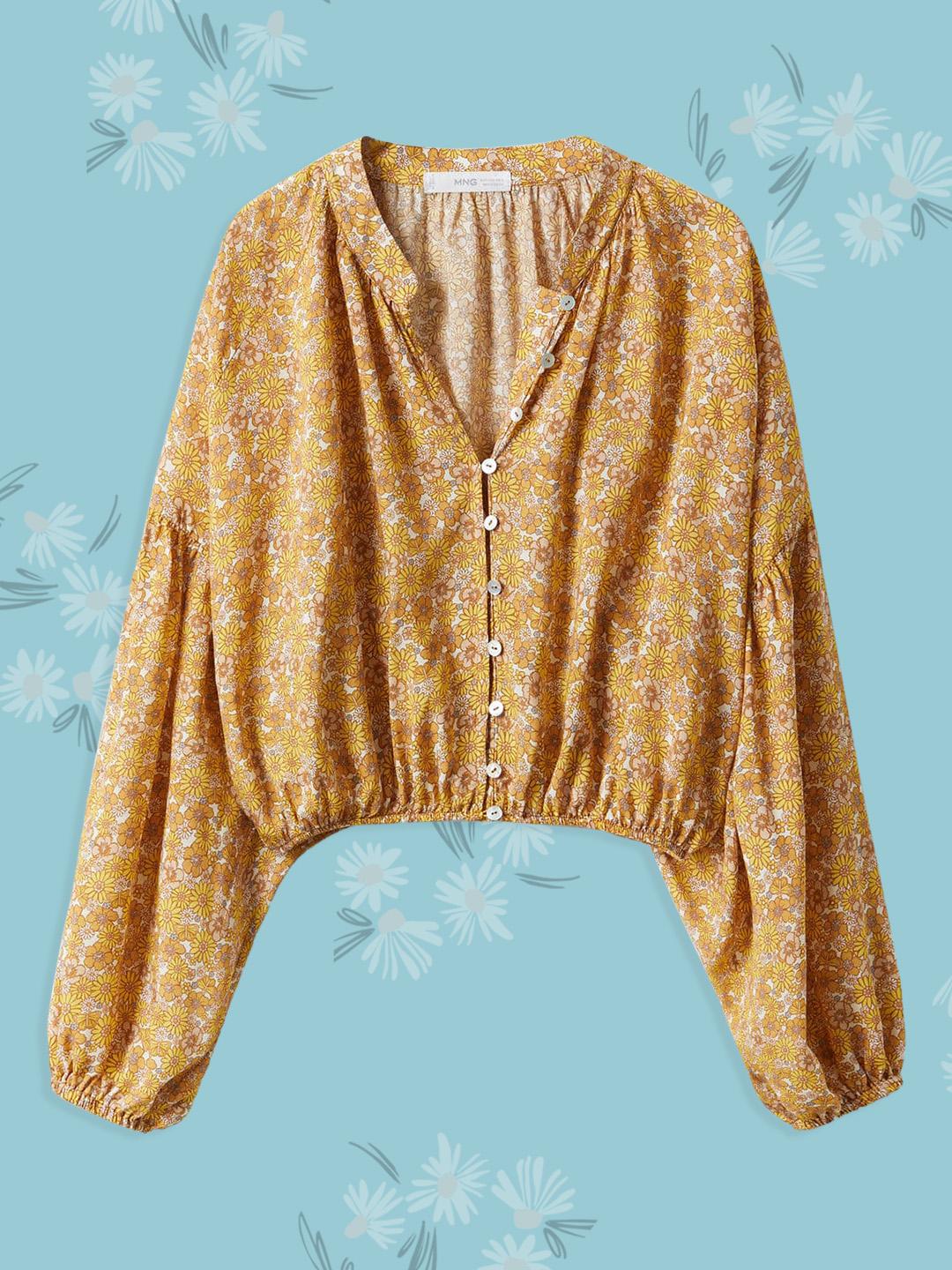 Buy Mango Kids Girls Mustard Yellow & White Floral Print Mandarin ...