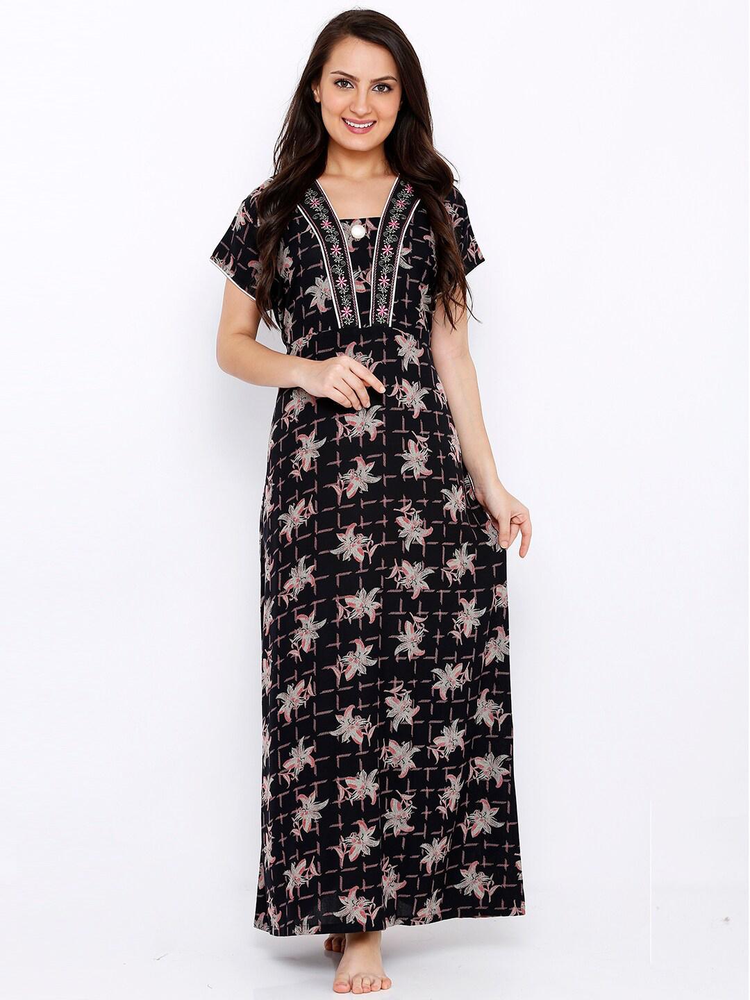 Buy Pretty Awesome Black Printed Maxi Nightdress - Nightdress for Women ...