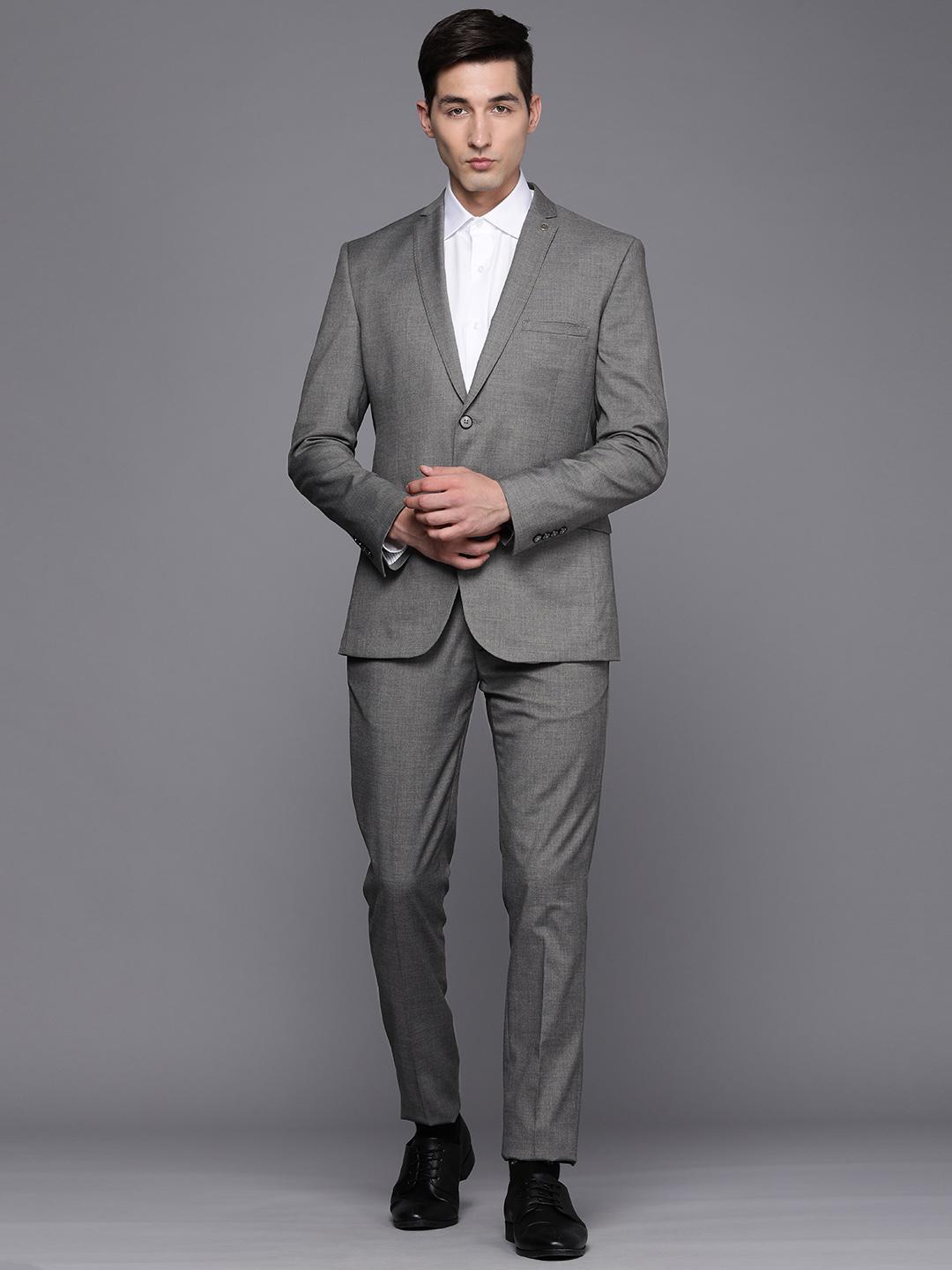 Buy Theme Men Grey Self Design Slim Fit 2 Piece Suit - Suits for Men ...