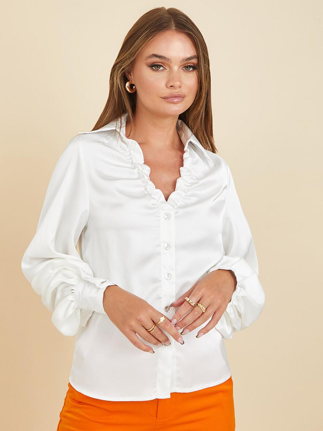 Buy Styli White Double Button Cuff Sleeves Satin Shirt With Rouching ...